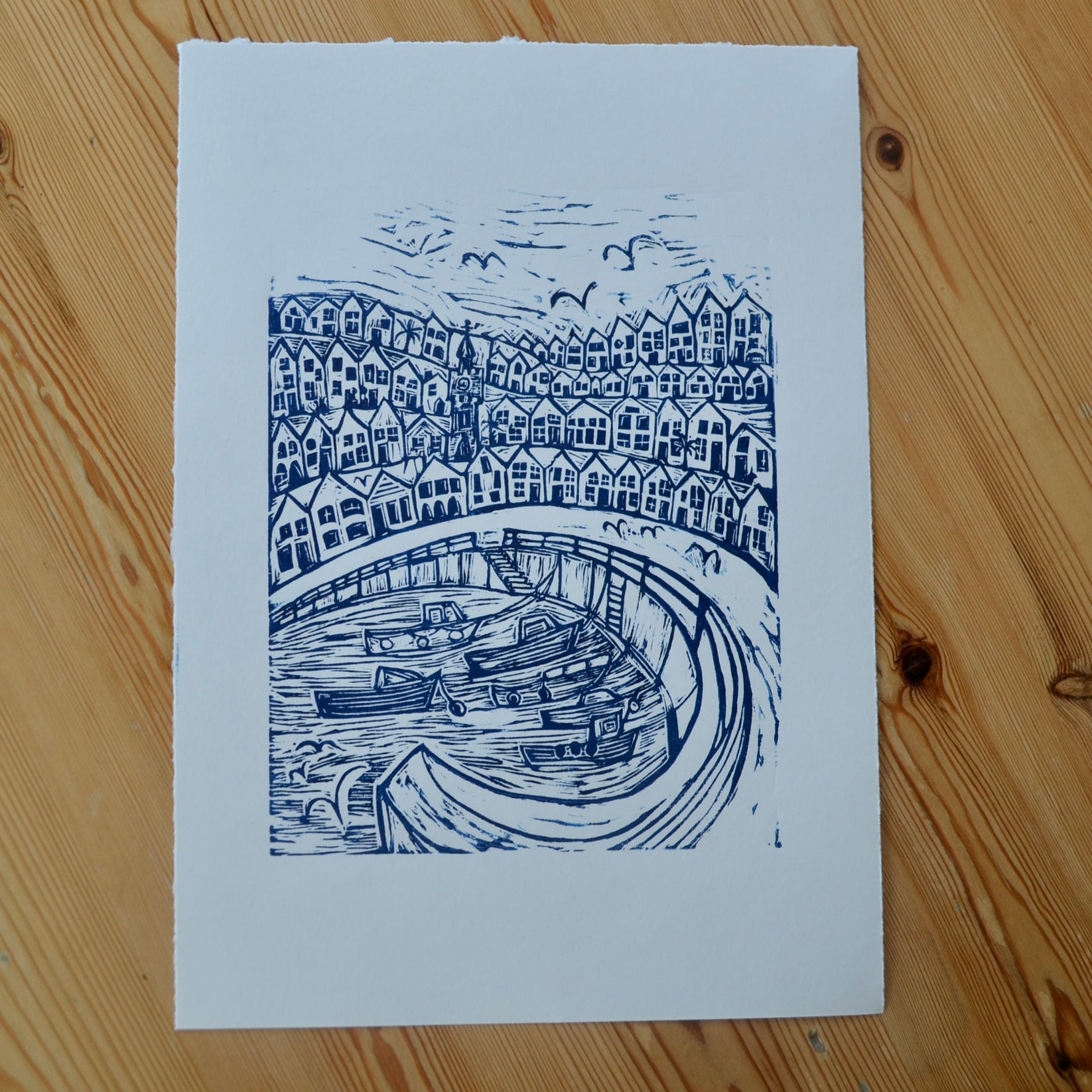 "Cornish Harbour" Unframed Lino print – Louise Daykin Prints