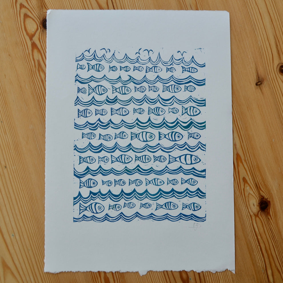 "Lots of Fish" Unframed Lino Print – Louise Daykin Prints